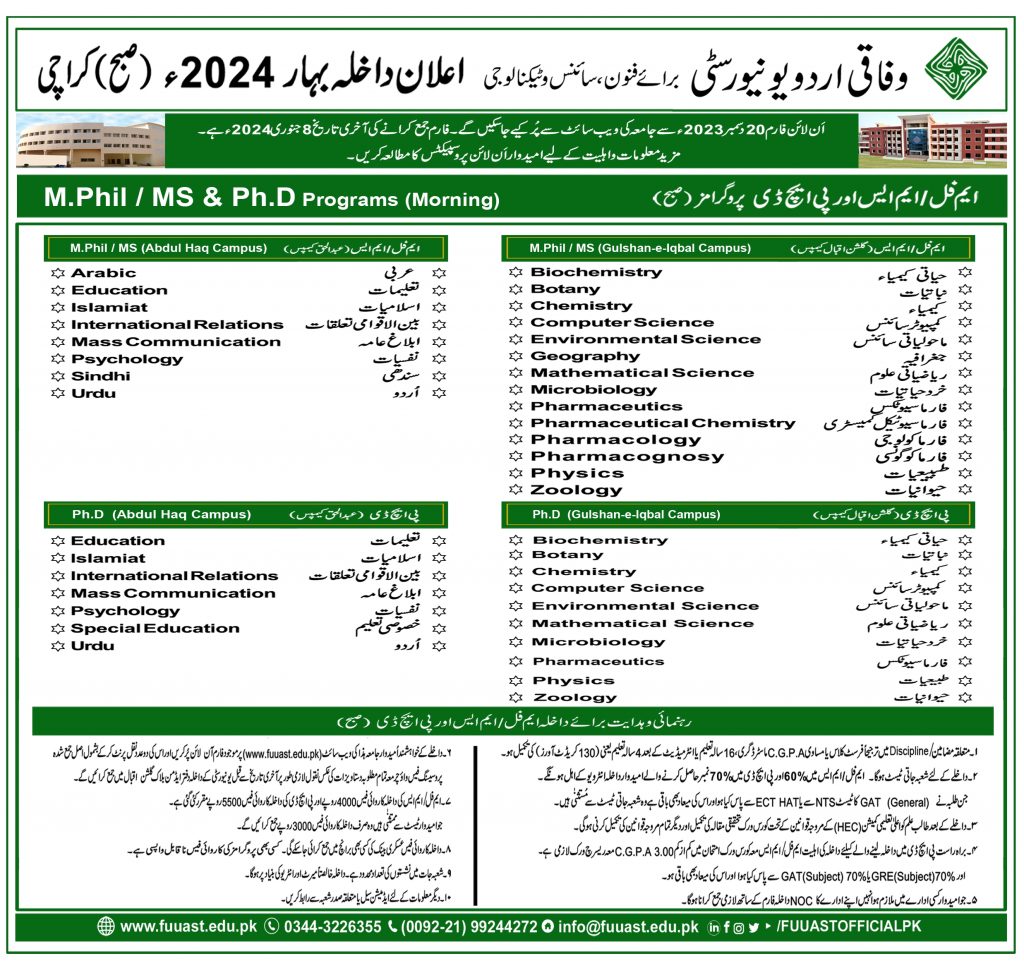 MPhil – MS – PhD Morning 2024 Add – FUUAST